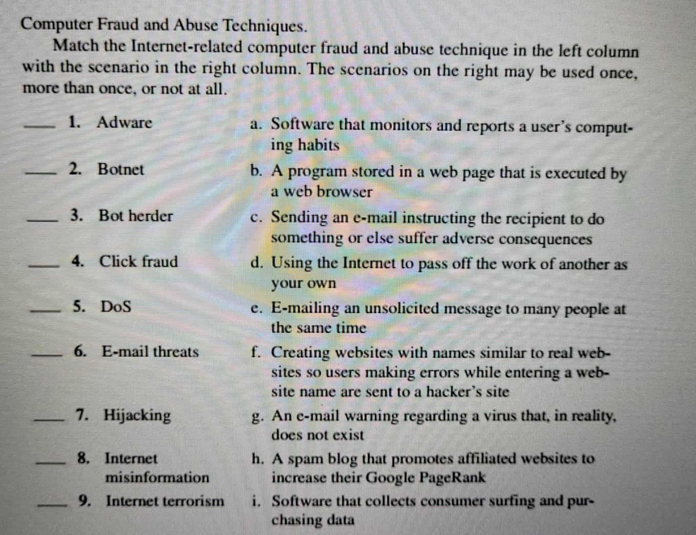 Solved Computer Fraud and Abuse Techniques. Match the | Chegg.com