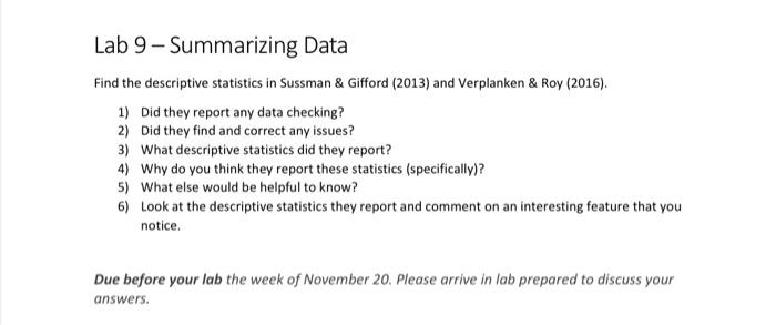 Solved Lab 9 - Summarizing Data Find the descriptive | Chegg.com
