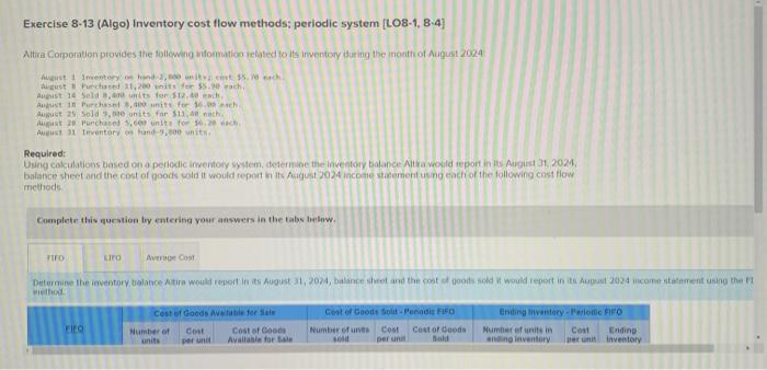 Solved Exercise 8-13 (Algo) inventory cost flow methods; | Chegg.com