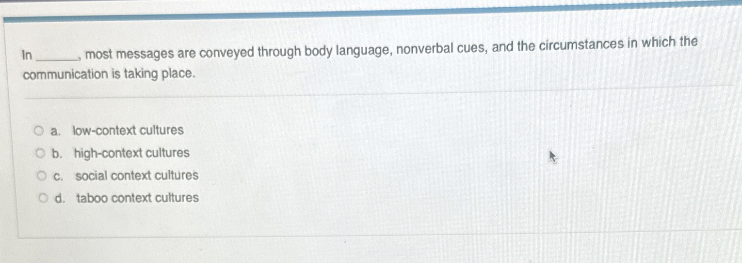 Solved In ﻿most messages are conveyed through body | Chegg.com