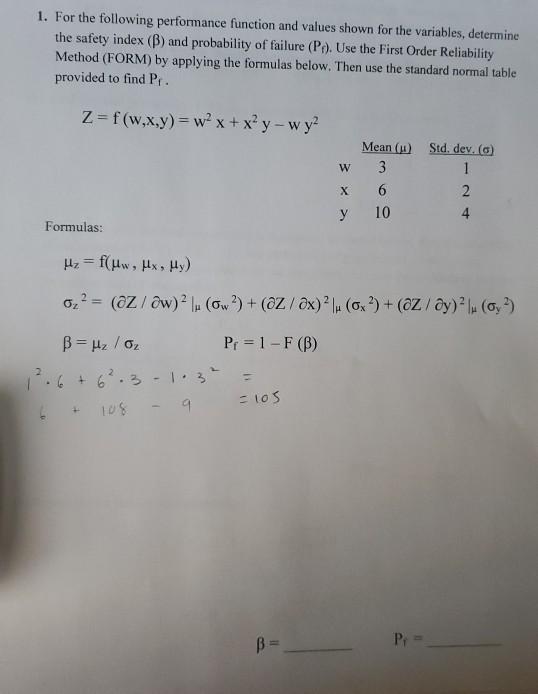 Solved 1. For the following performance function and values | Chegg.com
