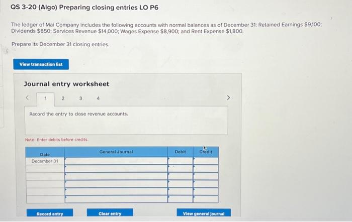 Solved QS 3-20 (Algo) Preparing closing entries LO P6 The | Chegg.com