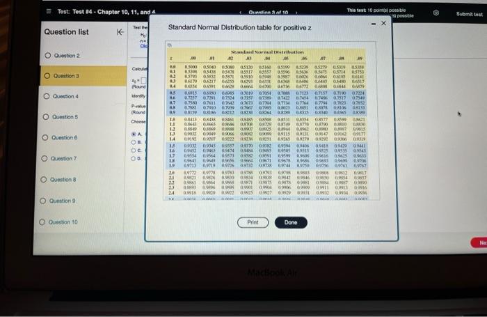 Solved Cuestion 8 Question 9 Question 10 Standard Normal | Chegg.com