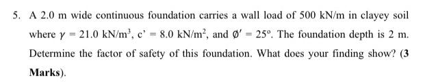 Solved A 2.0 m wide continuous foundation carries a wall | Chegg.com