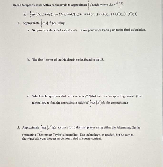 Solved call Simpson's Rule with n subintervals to | Chegg.com