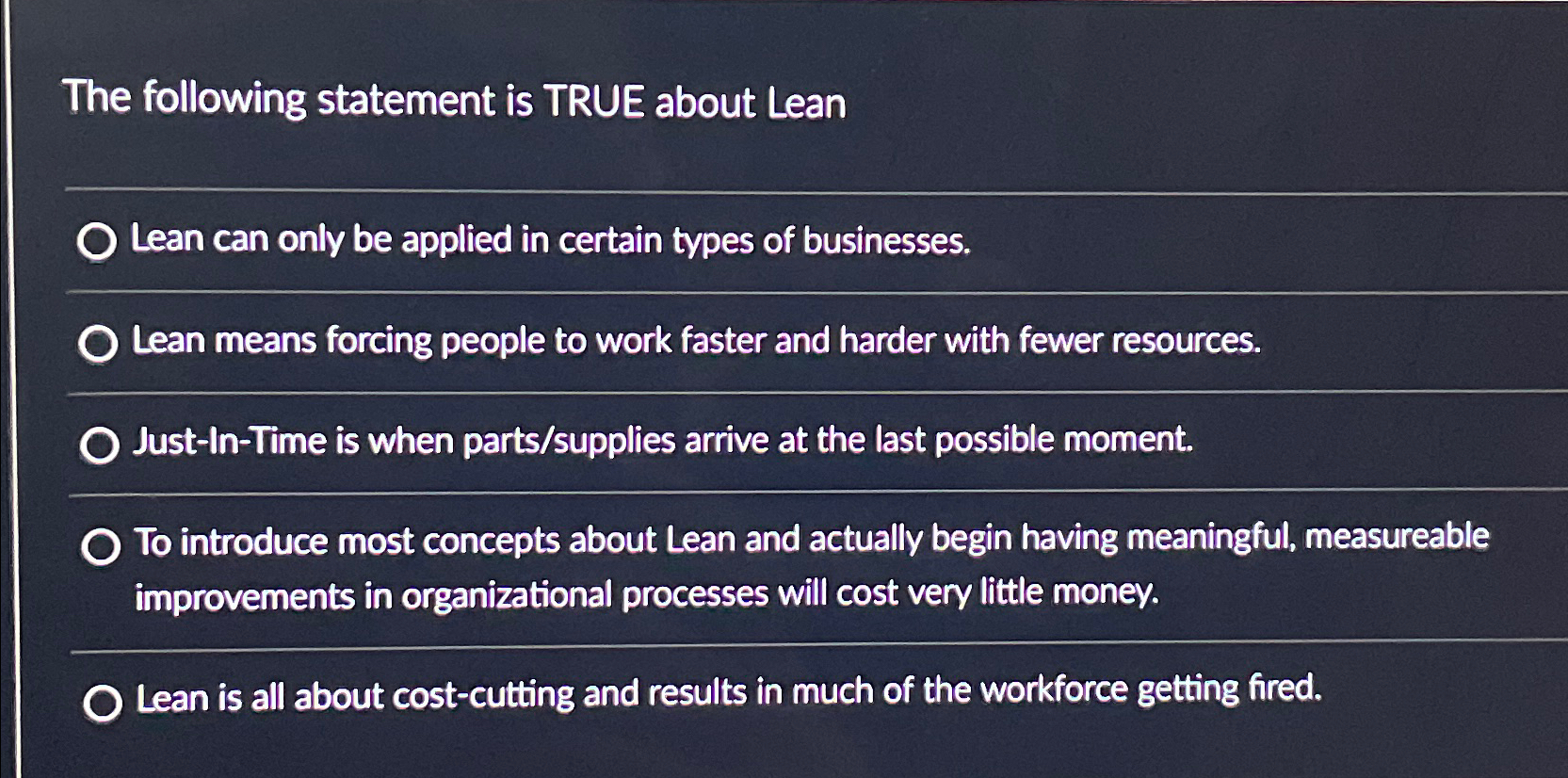 Solved The following statement is TRUE about LeanLean can | Chegg.com