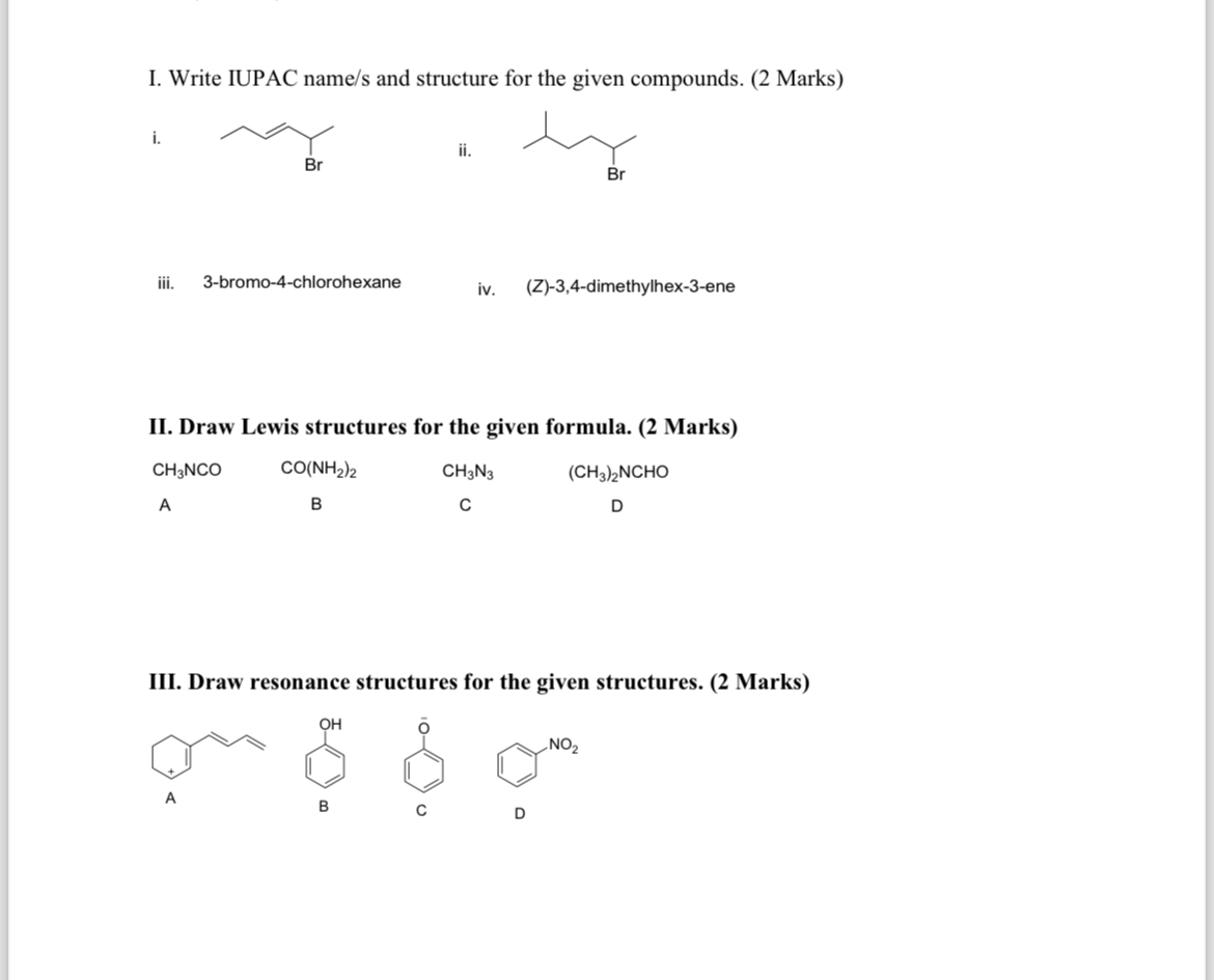 Solved I. Write IUPAC name/s and structure for the given | Chegg.com