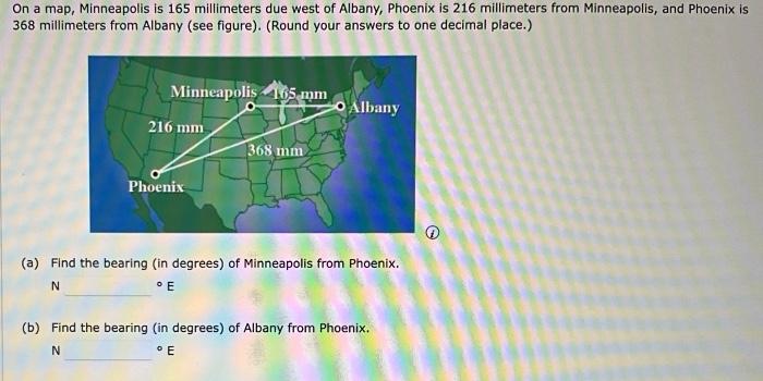 Solved On a map, Minneapolis is 165 millimeters due west of | Chegg.com