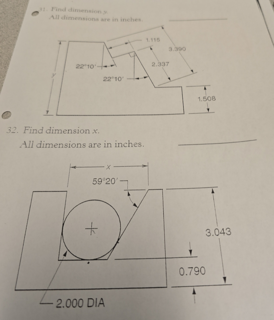 Solved Find dimension yAll dimensions are in inches. q,32. | Chegg.com