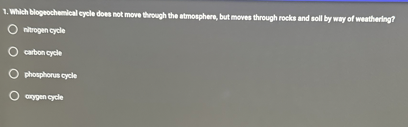 Solved Which biogeochemical cycle does not move through the | Chegg.com