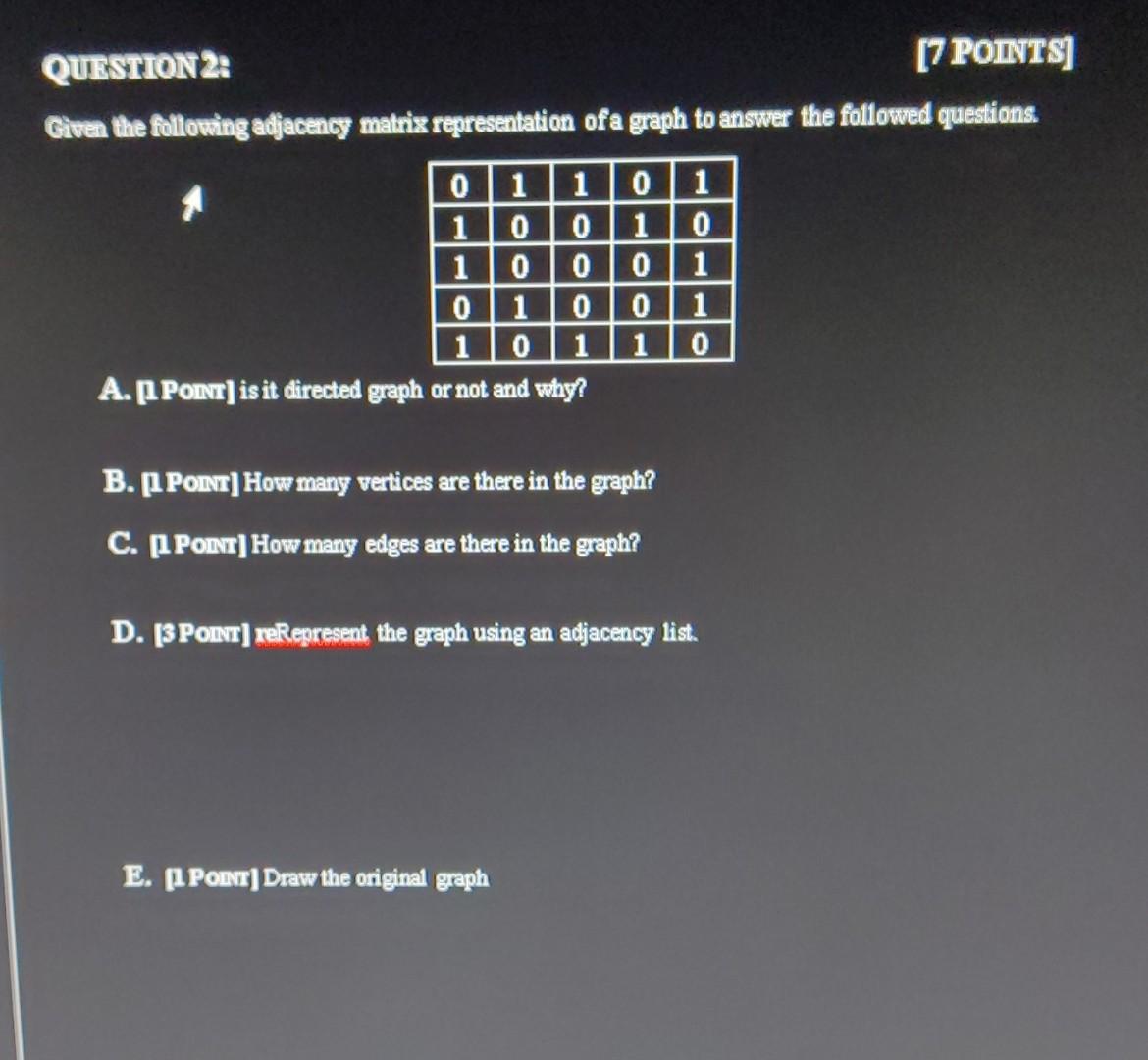 Solved QUESTION 2 [7 POINTS) Given the following adjacency | Chegg.com