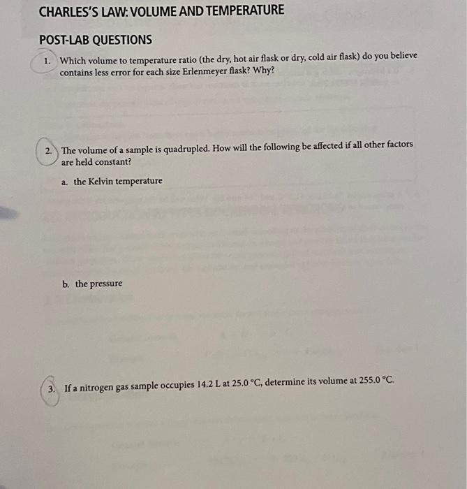 Solved CHARLES'S LAW: VOLUME AND TEMPERATURE POST-LAB | Chegg.com