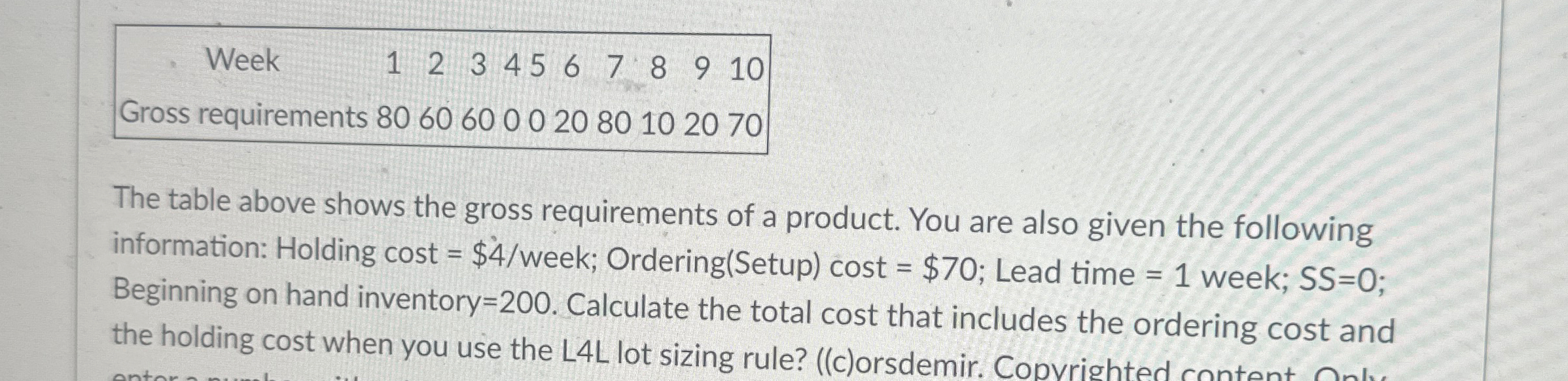 Solved The table above shows the gross requirements of a | Chegg.com