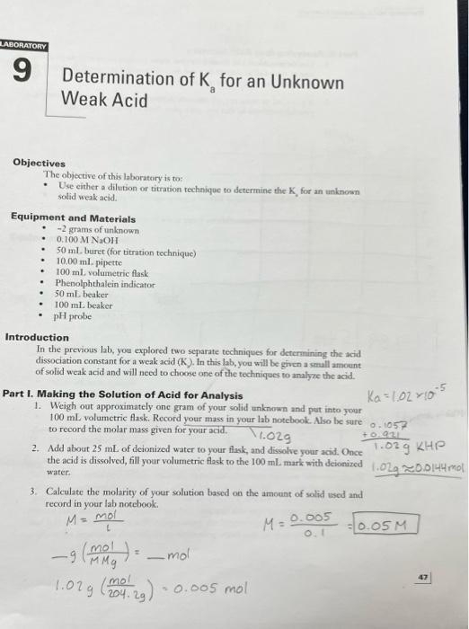 Solved LABORATORY 9 Determination of K for an Unknown Weak | Chegg.com