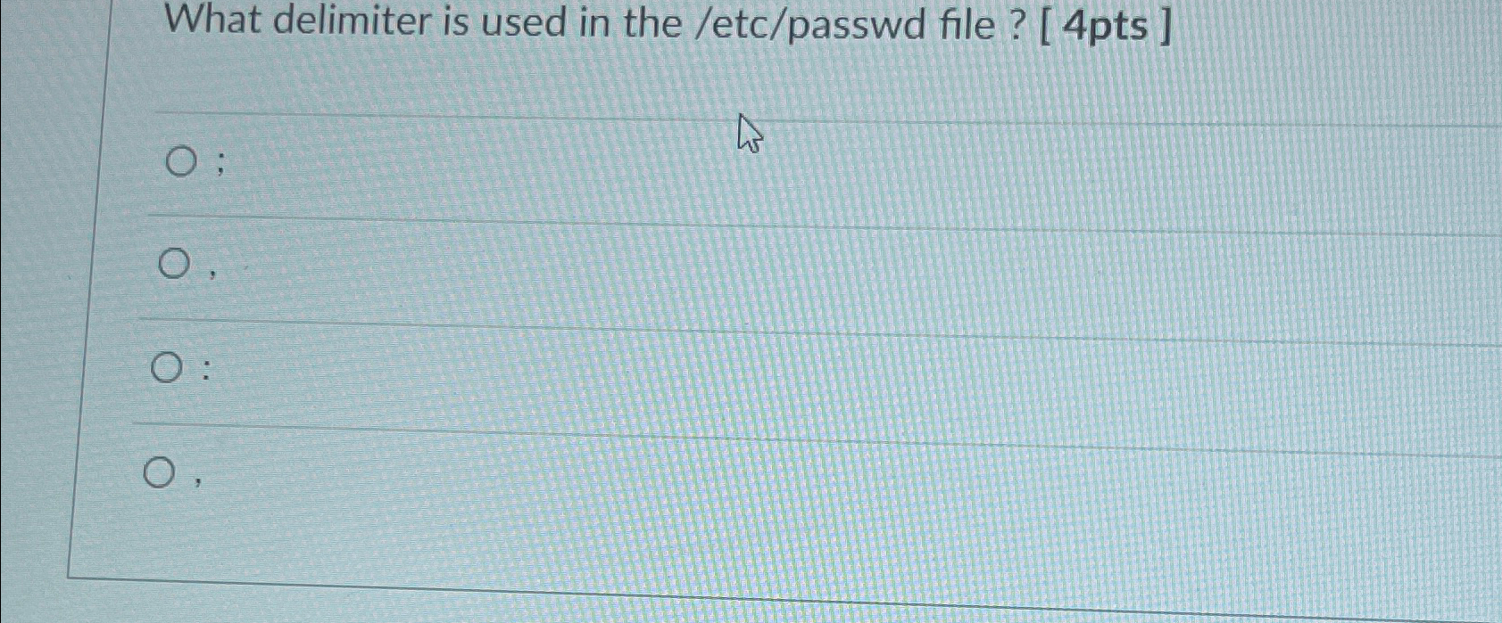 Solved What delimiter is used in the /etc/passwd file | Chegg.com