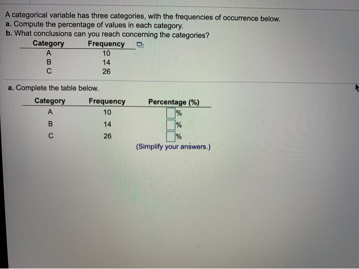 Solved A categorical variable has three categories, with the | Chegg.com