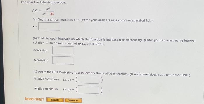 Solved Consider the following function. f(x)=x2−36x2 (a) | Chegg.com