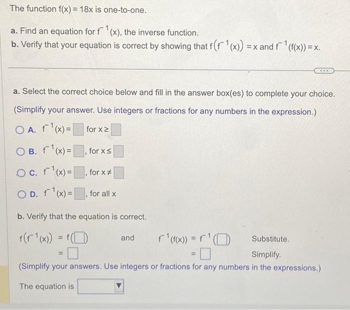 Solved The function f(x)=18x is one-to-one. a. Find an | Chegg.com
