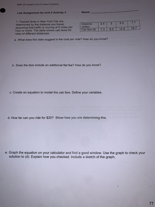 Solved Math 29 Landers Unit 2 Linear Functions Lab | Chegg.com