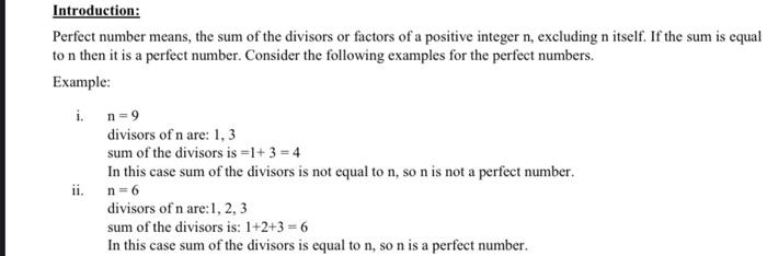 Solved Perfect number means, the sum of the divisors or | Chegg.com