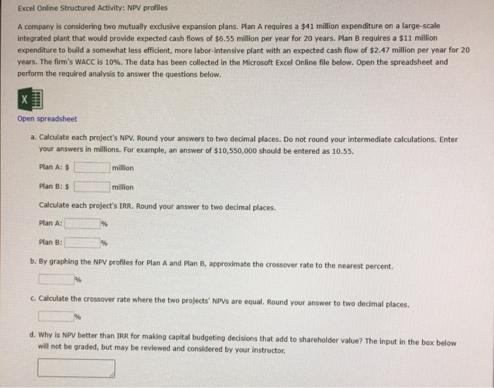 Solved Excel Online Structured Activity: NPV profiles A | Chegg.com