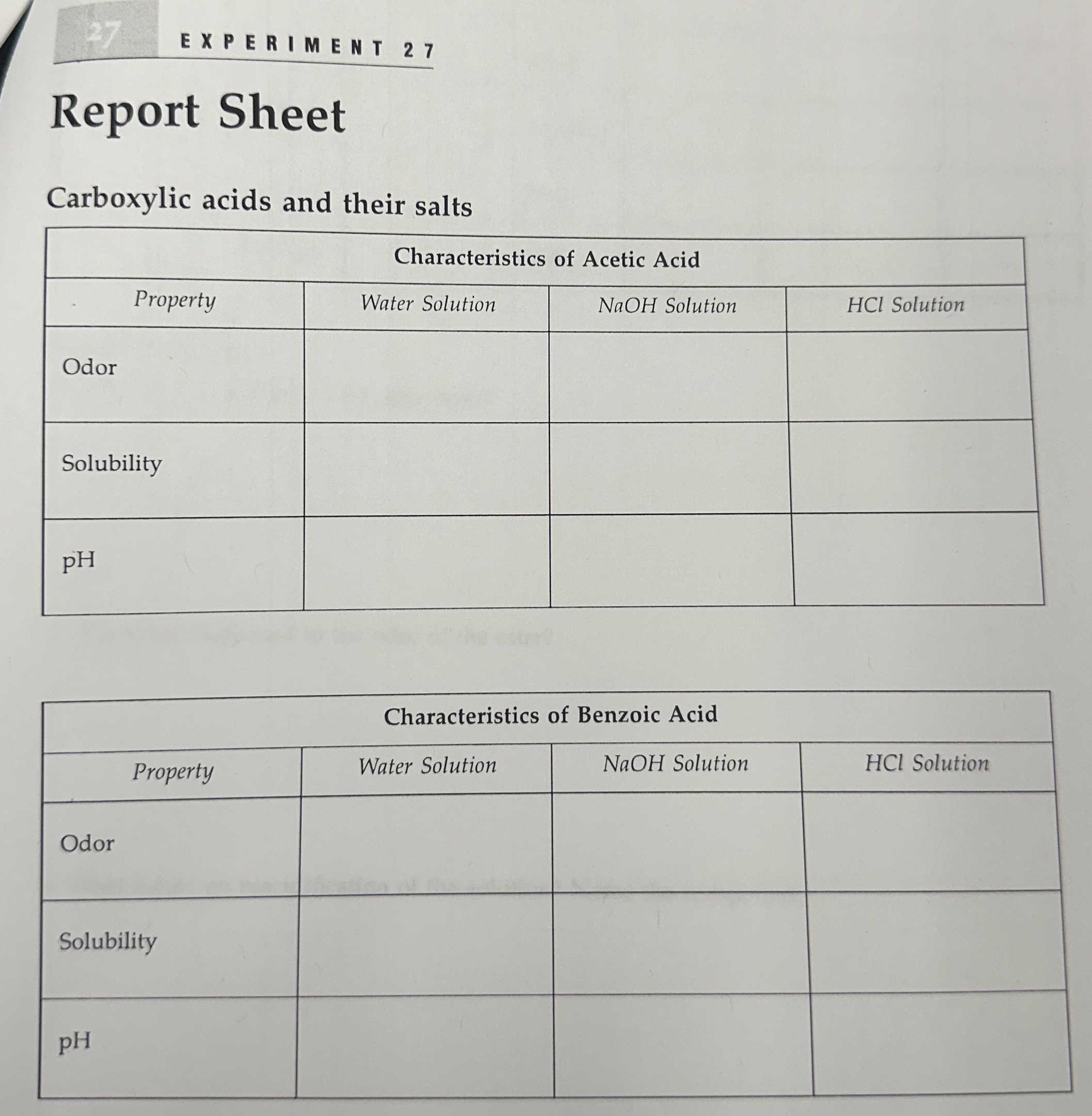 Solved EXPERIMENT 27Report SheetCarboxylic acids and their | Chegg.com