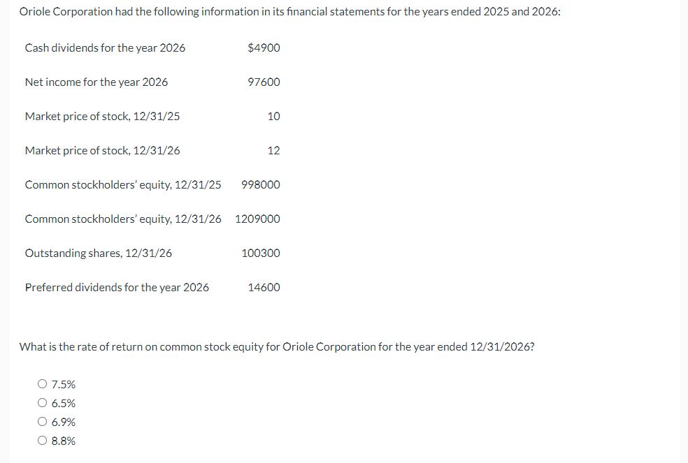 Solved Oriole Corporation had the following information in | Chegg.com