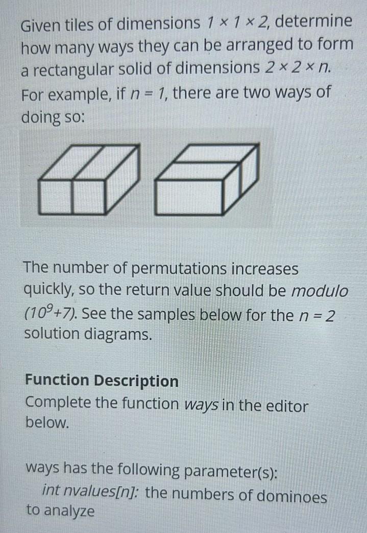 Solved Given tiles of dimensions 1×1×2, determine how many | Chegg.com