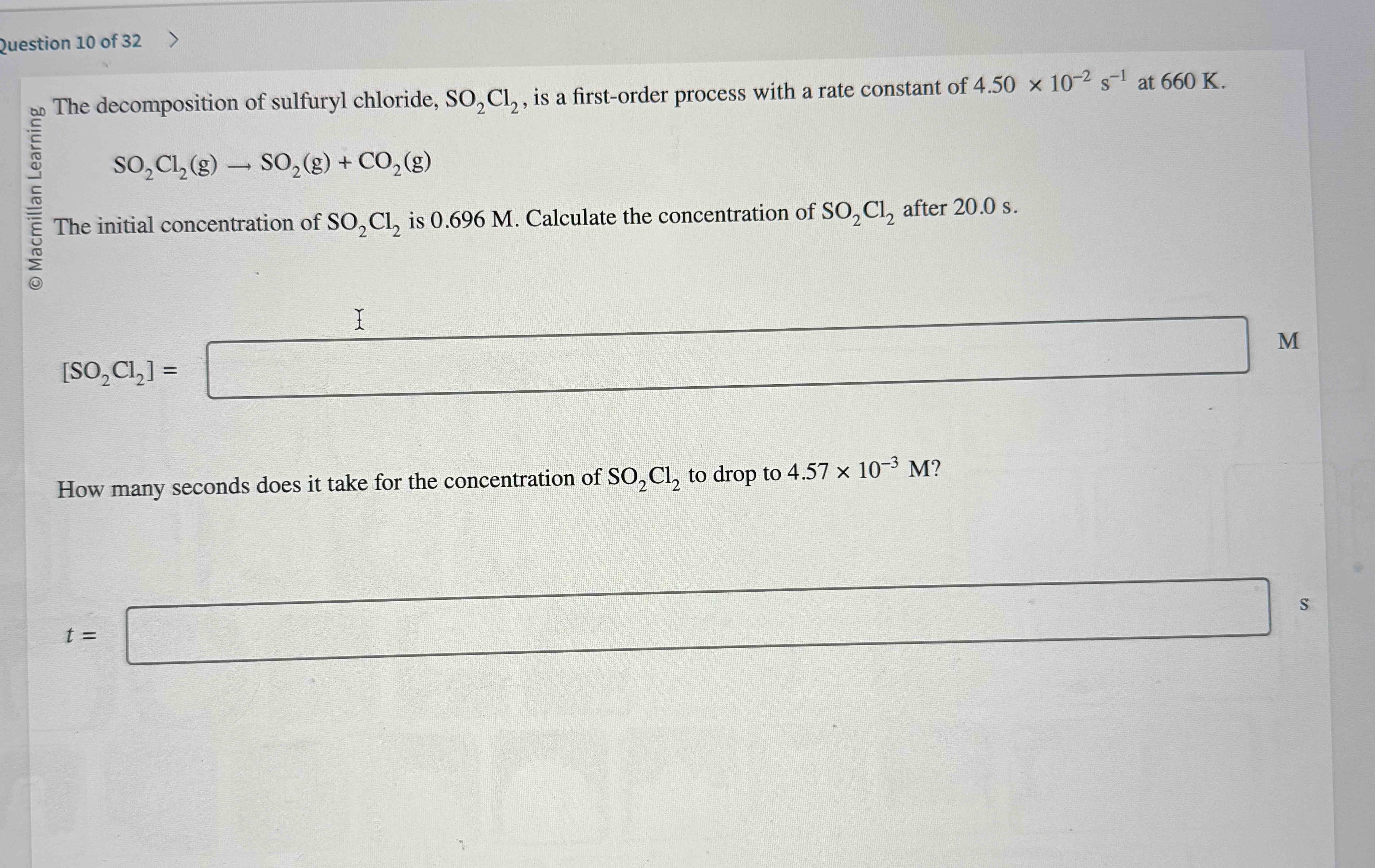 Solved The decomposition of sulfuryl chloride, SO2Cl2, ﻿is a | Chegg.com
