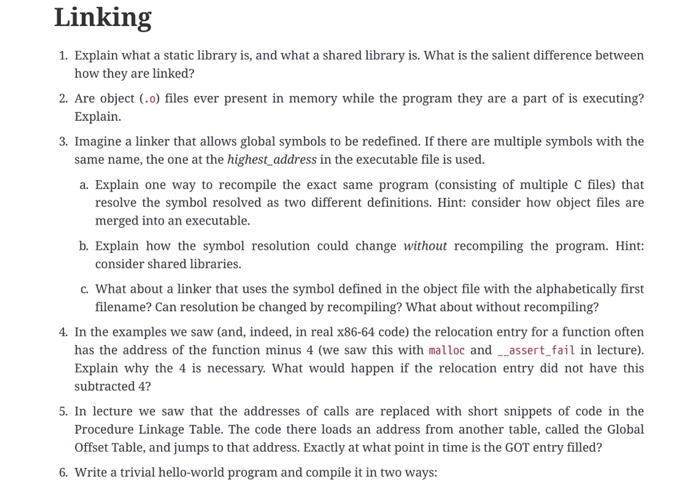 Solved Linking 1. Explain what a static library is, and what | Chegg.com