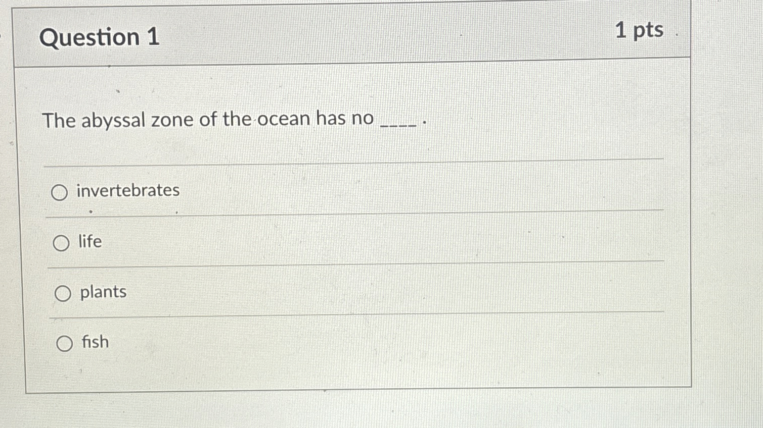 Solved Question 11 ptsThe abyssal zone of the ocean has no | Chegg.com Solved Question 11 ptsThe abyssal zone of the ocean has no | Chegg.com