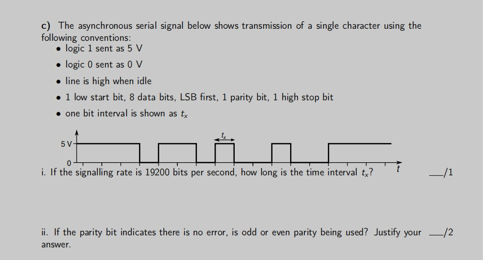 Solved c) The asynchronous serial signal below shows | Chegg.com