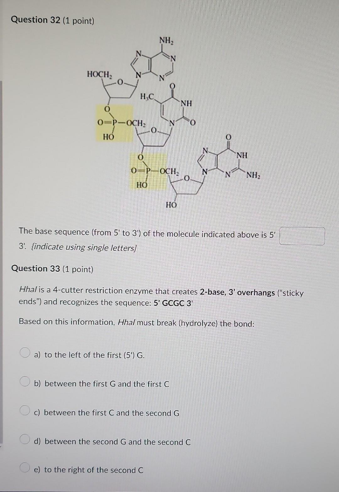 Solved Question 32 1 Point The Base Sequence From 5′ To