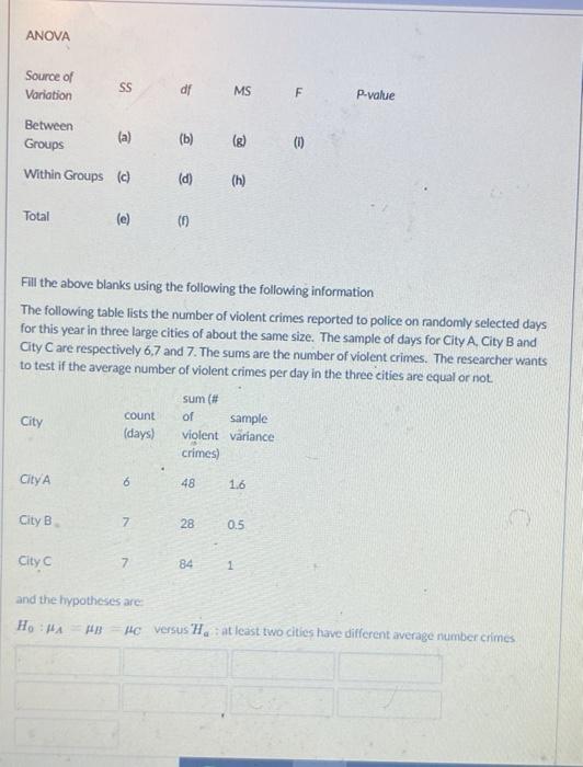 Solved ANOVA Source of Variation SS df MS F P-value Between | Chegg.com