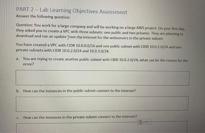 PART 2 - Lab Learning Objectives Assessment Answer | Chegg.com