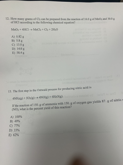Solved 12. How many grams of Cl2 can be prepared from the | Chegg.com