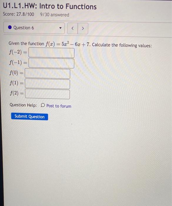 Solved U1 L1 Hw Intro To Functions Score 27 8 1009 30