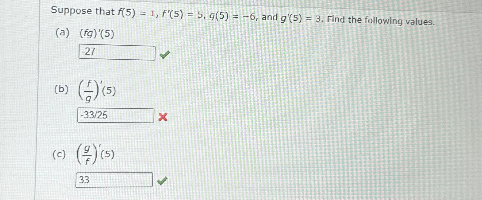Solved Suppose that f(5)=1,f'(5)=5,g(5)=-6, ﻿and g'(5)=3. | Chegg.com