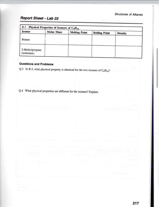 Solved Structures of Alkanes Report Sheet - Lab 22 Questions | Chegg.com