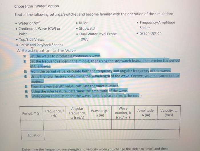 Solved Choose the "Water" option Find all the following | Chegg.com