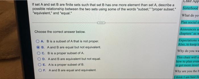 Solved Chair App If set A and set B are finite sets such | Chegg.com