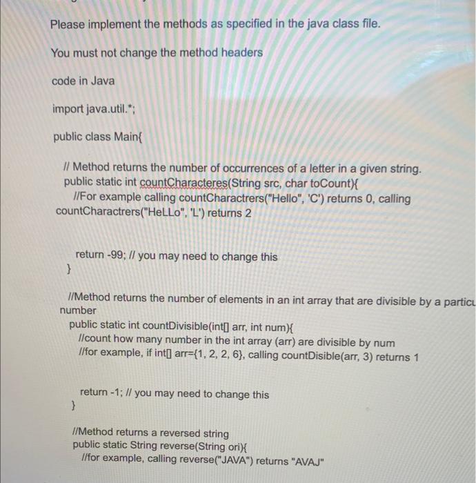 Solved Please implement the methods as specified in the java | Chegg.com