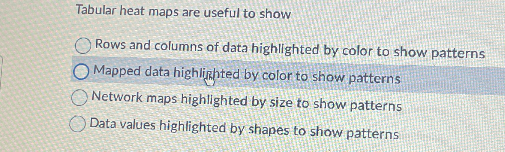 Solved Tabular heat maps are useful to showRows and columns | Chegg.com