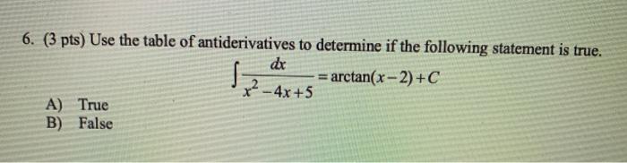 Solved 6. (3 pts) Use the table of antiderivatives to | Chegg.com