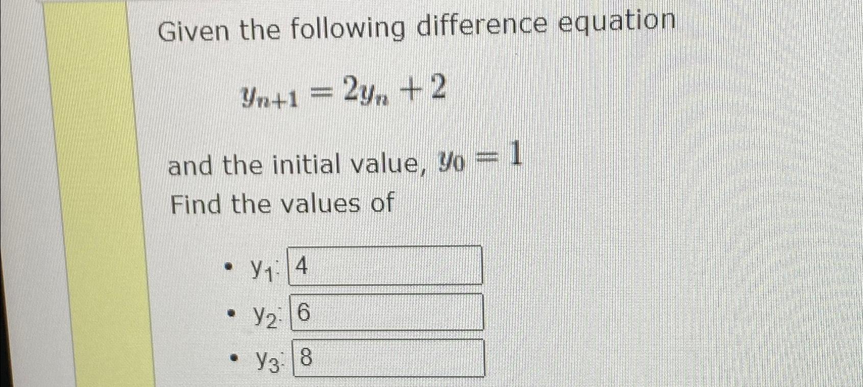 Solved Given the following difference equationyn+1=2yn+2and | Chegg.com
