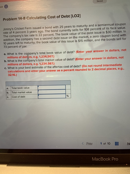Solved Saved uiz i Problem 14-8 Calculating Cost of Debt | Chegg.com