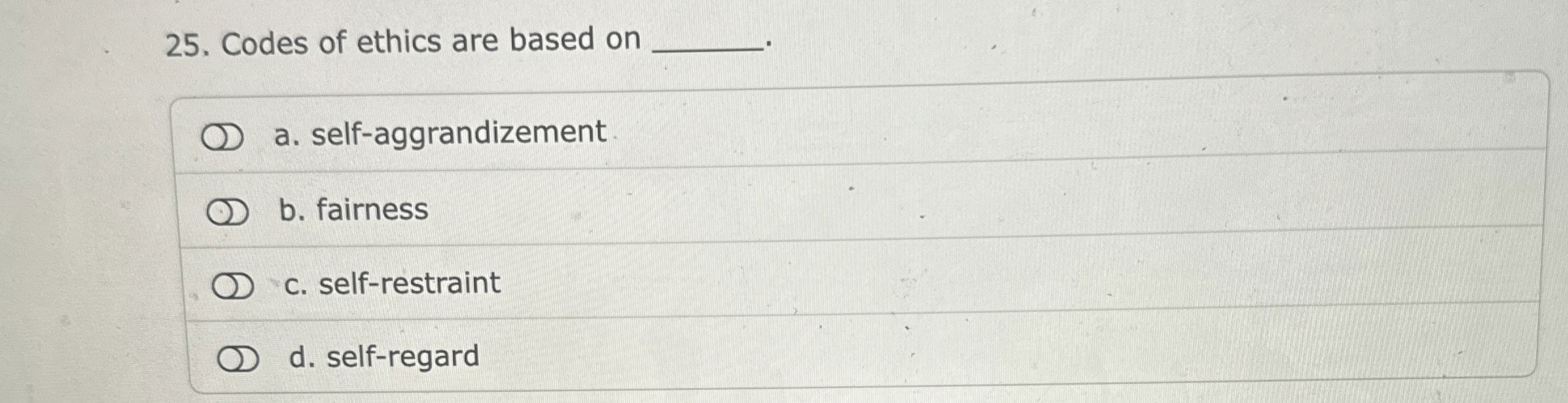 Solved Codes of ethics are based ona. ﻿self-aggrandizementb. | Chegg.com