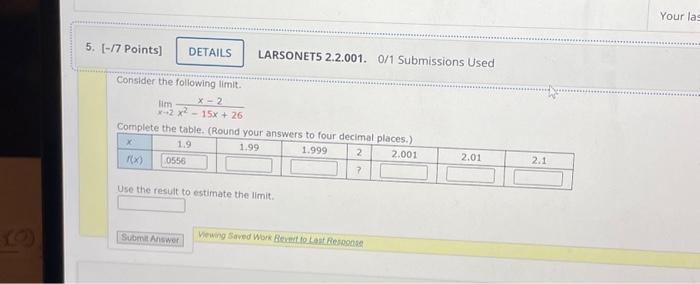Solved 5. [-/7 Points] Consider the following limit. X-2 lim | Chegg.com