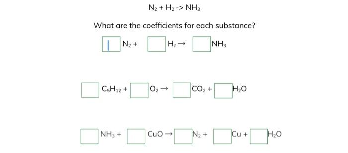 Solved N2+H2→NH3 What are the coefficients for each | Chegg.com