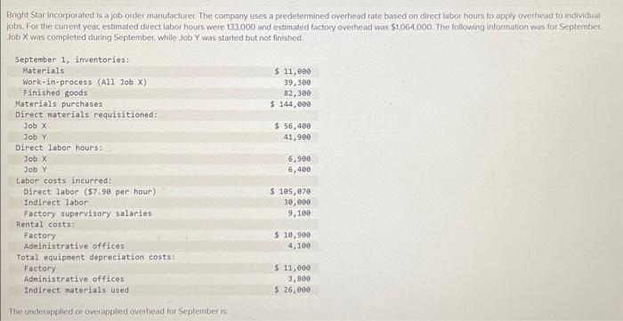 Solved Bright Star incorporated is a job order manufacturer. | Chegg.com
